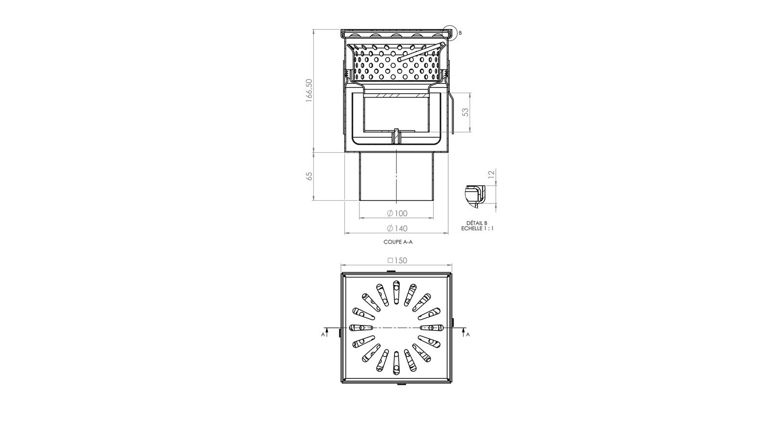 Floor drain trap 150x150 with a vertical outlet 100 mm