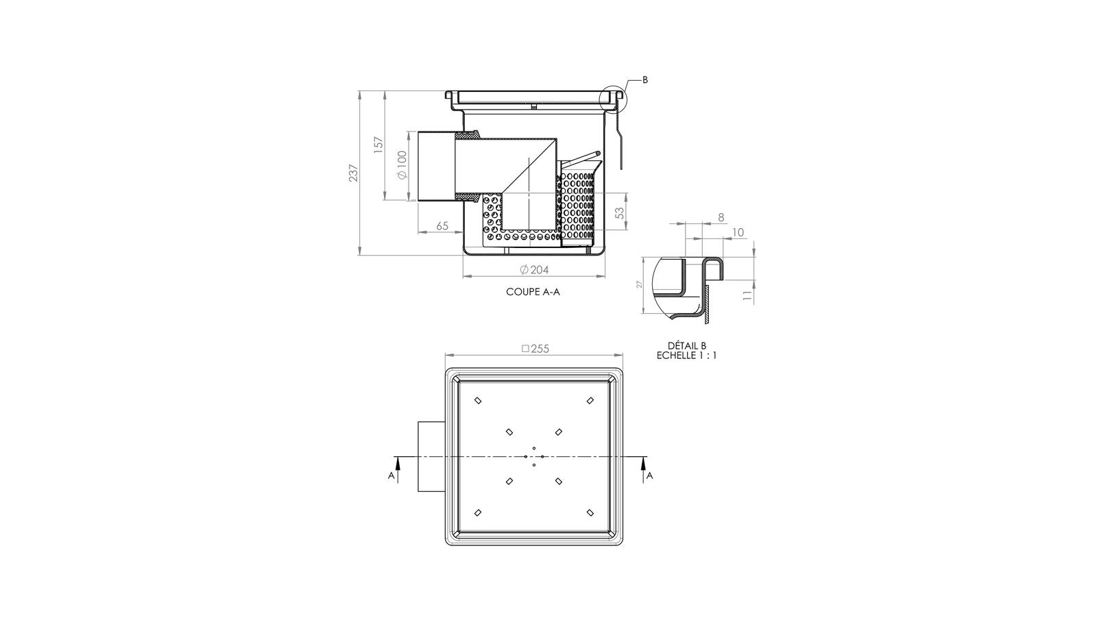 Siphon 255x255 sortie latérale 100 mm