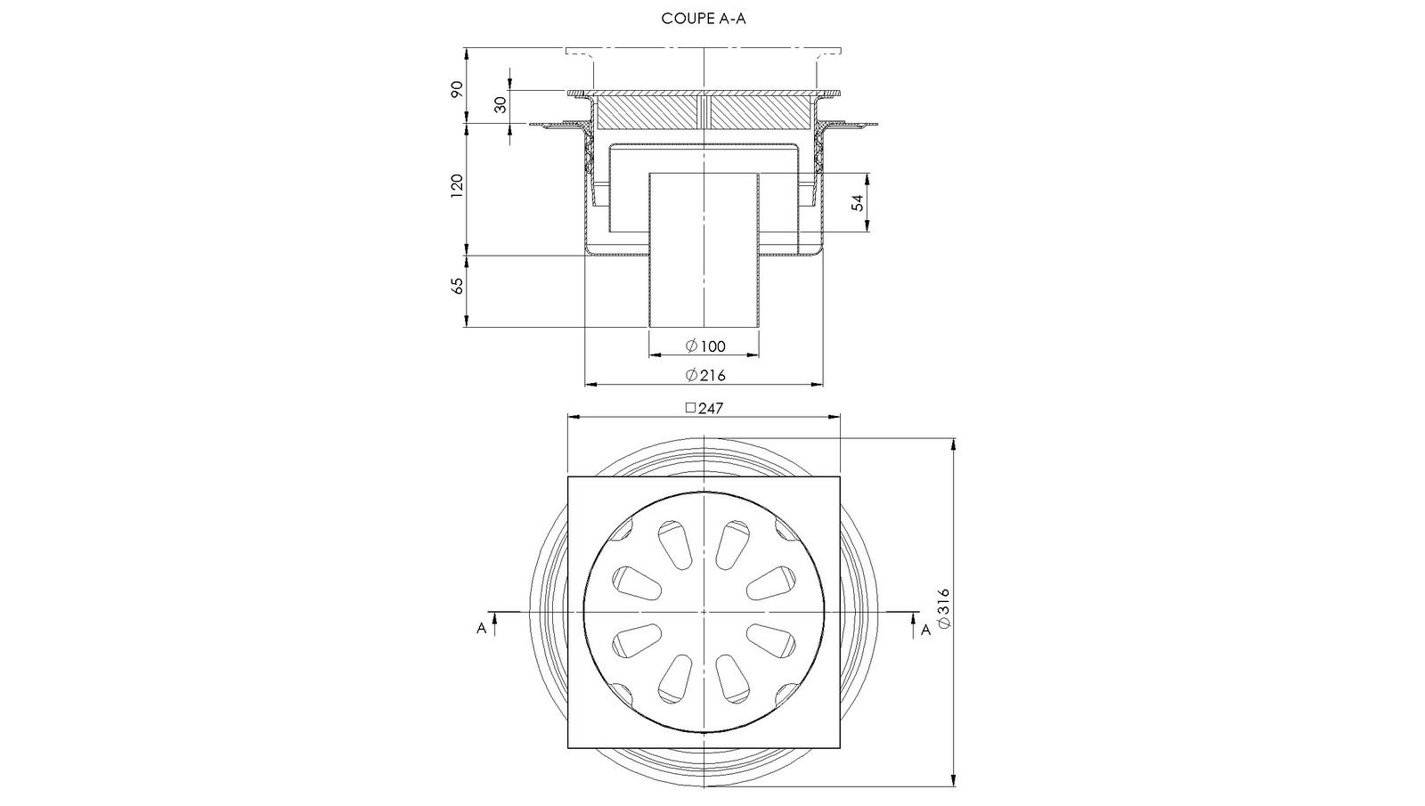 Floor drain trap 247x247 with a vertical outlet 100 mm